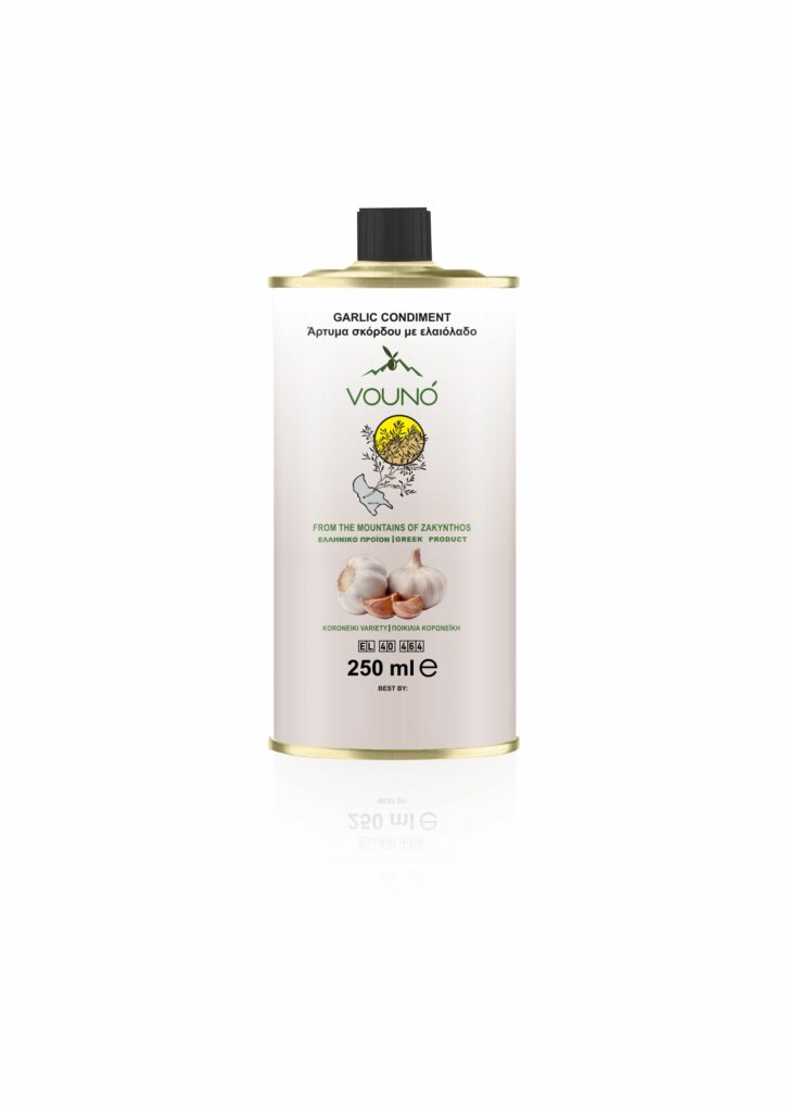 VOUNO Olivenöl mit Knoblauch 250 ml | drosopoulos-olivenoel.de